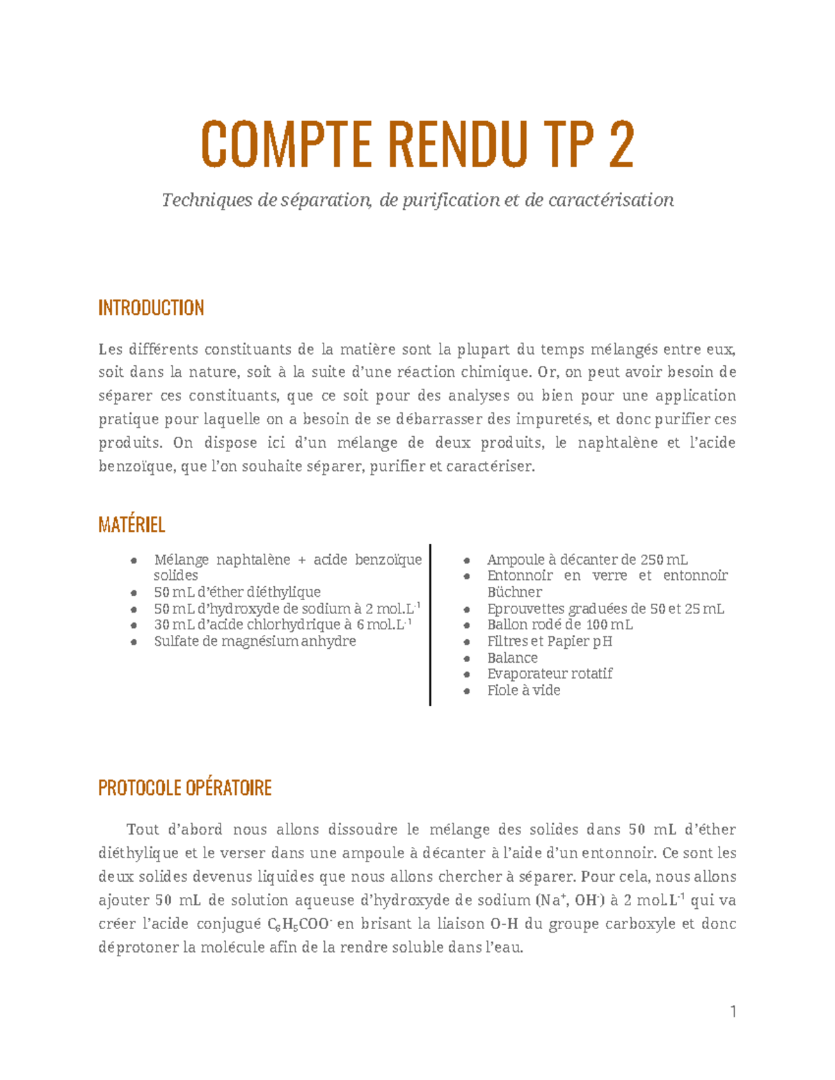 Compte Rendu TP 2 - TP chimie organique - COMPTE RENDU TP 2 Techniques de séparation, de - Studocu