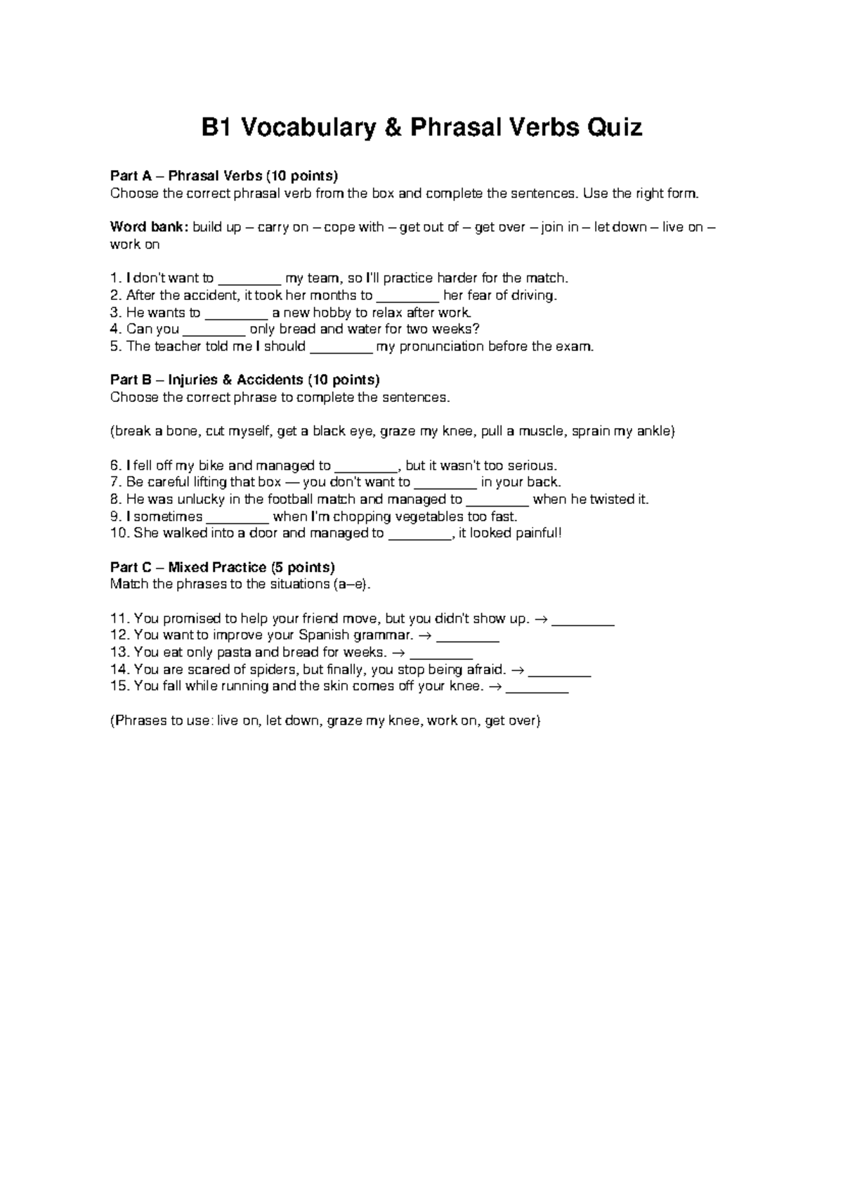 B1 Phrasal Verbs Quiz: Vocabulary & Mixed Practice - Studocu