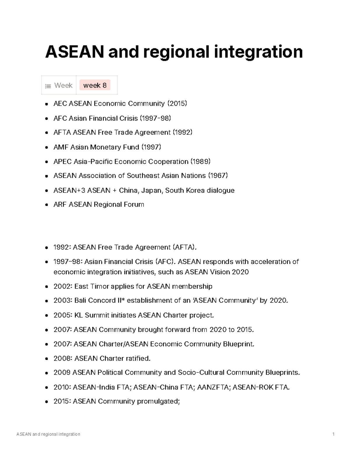 Week 8 - Asean and regional integration - ASEAN and regional ...