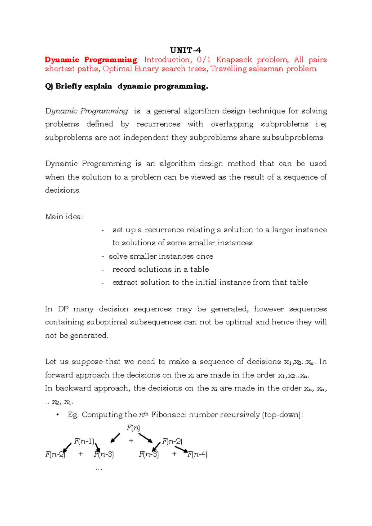 Dynamic Programming Concepts and Applications in Algorithms (CS101 Unit-4) - Studocu