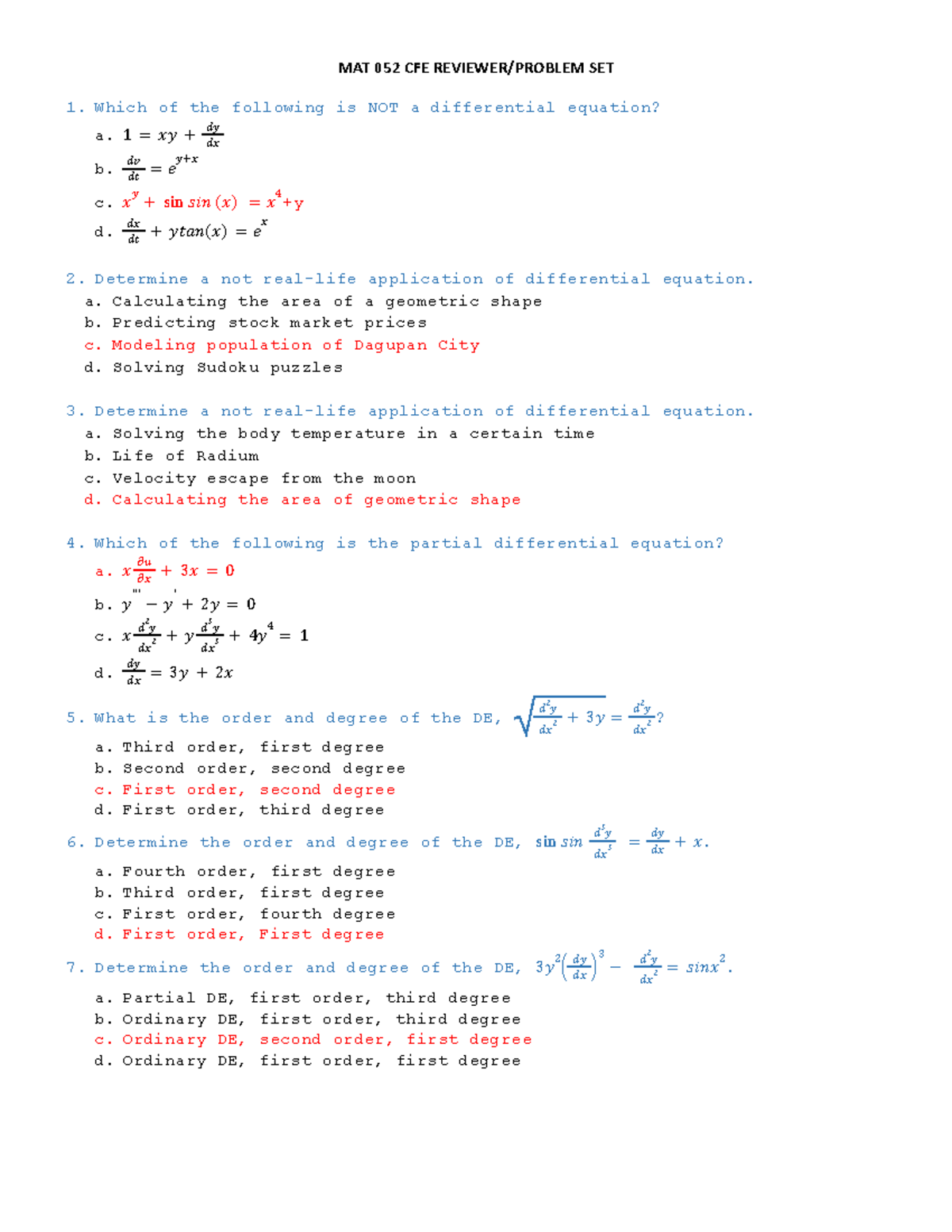 MAT 052 CFE SET 1: Differential Equations and Applications - Studocu