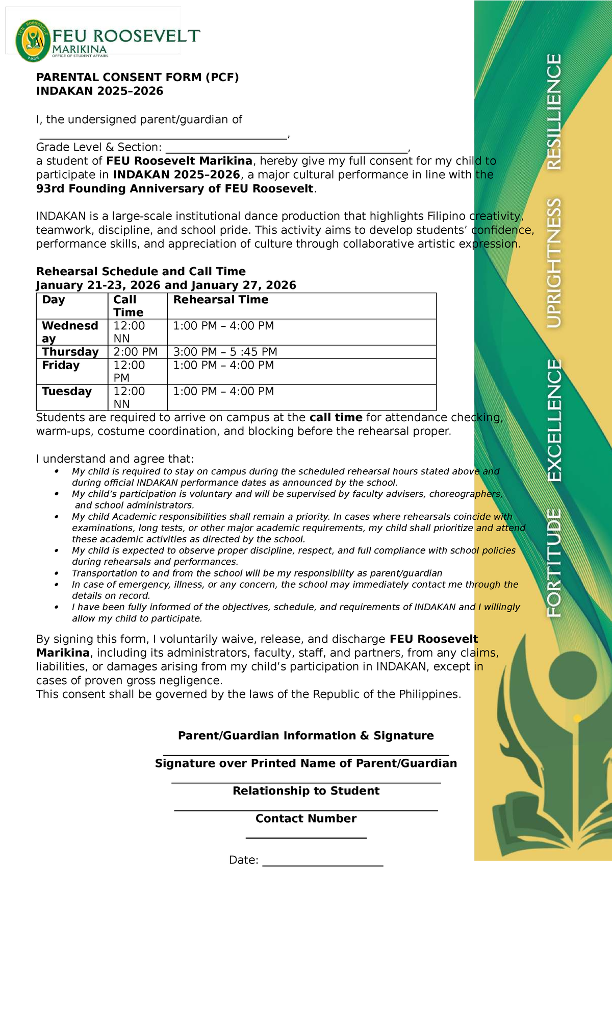PCF for INDAKAN Participation - FEU Roosevelt Marikina - Studocu