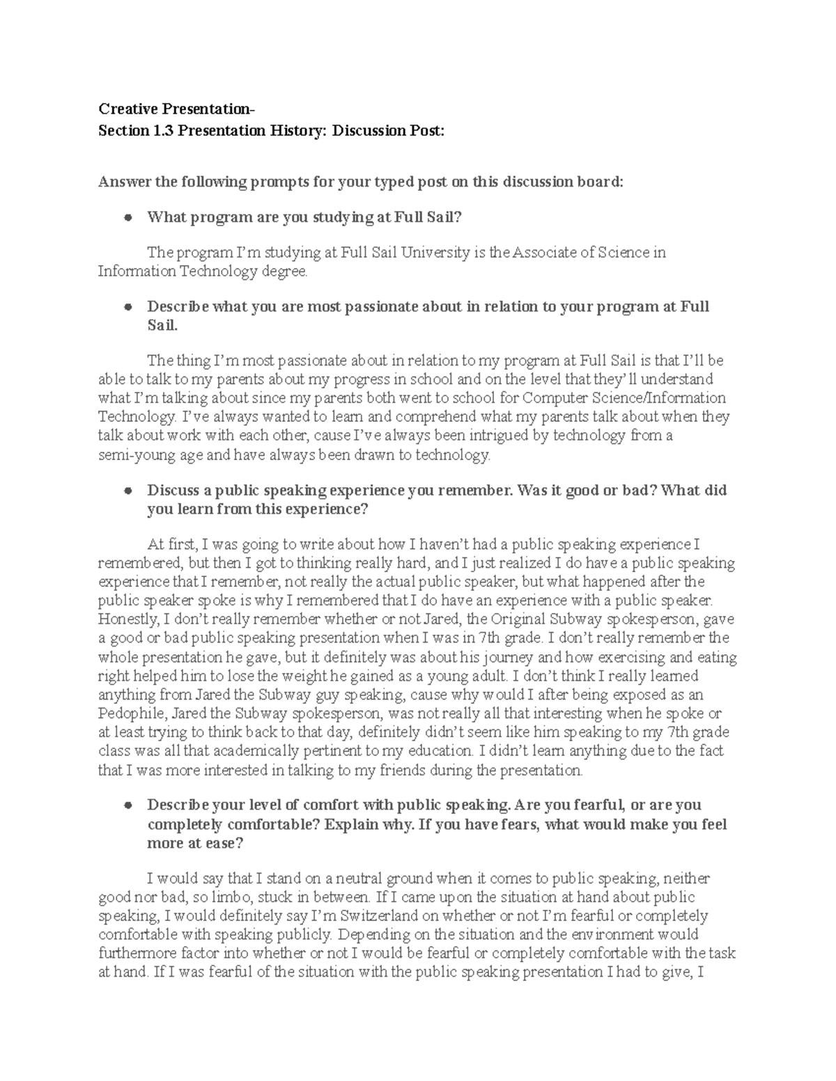 GEN1011-O-Creative Presentation Discussion Post Reflection - Studocu