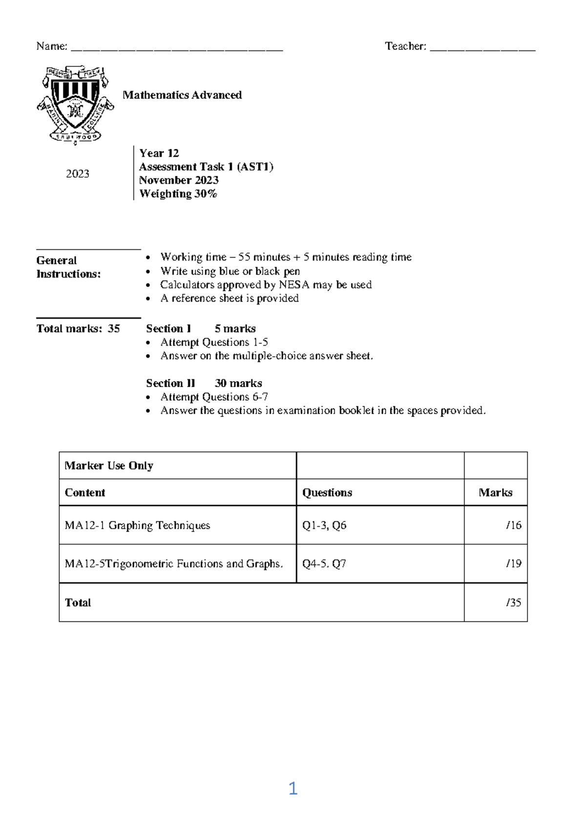 Year 12 Mathematics Advanced 2023 AST1 Exam Instructions and Questions ...