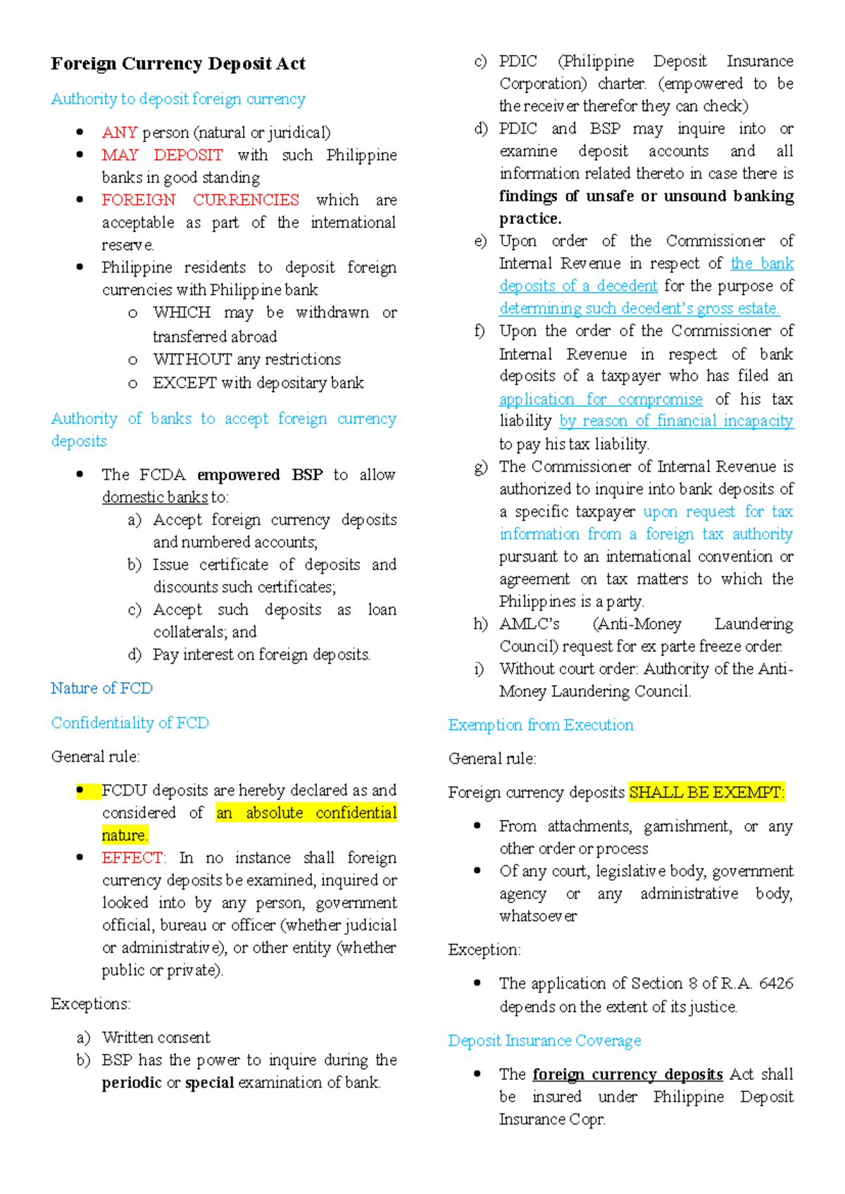 Foreign Currency Deposit Act Overview and Key Provisions - Studocu