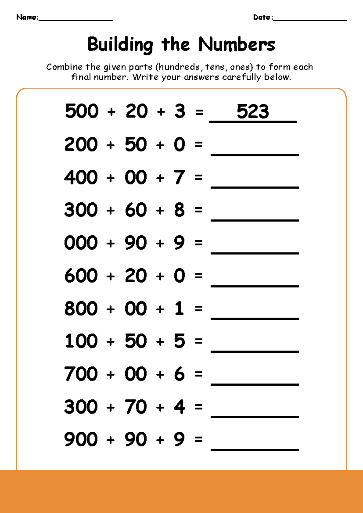 Building Numbers from Hundreds, Tens and Ones - 2nd Grade Worksheet ...