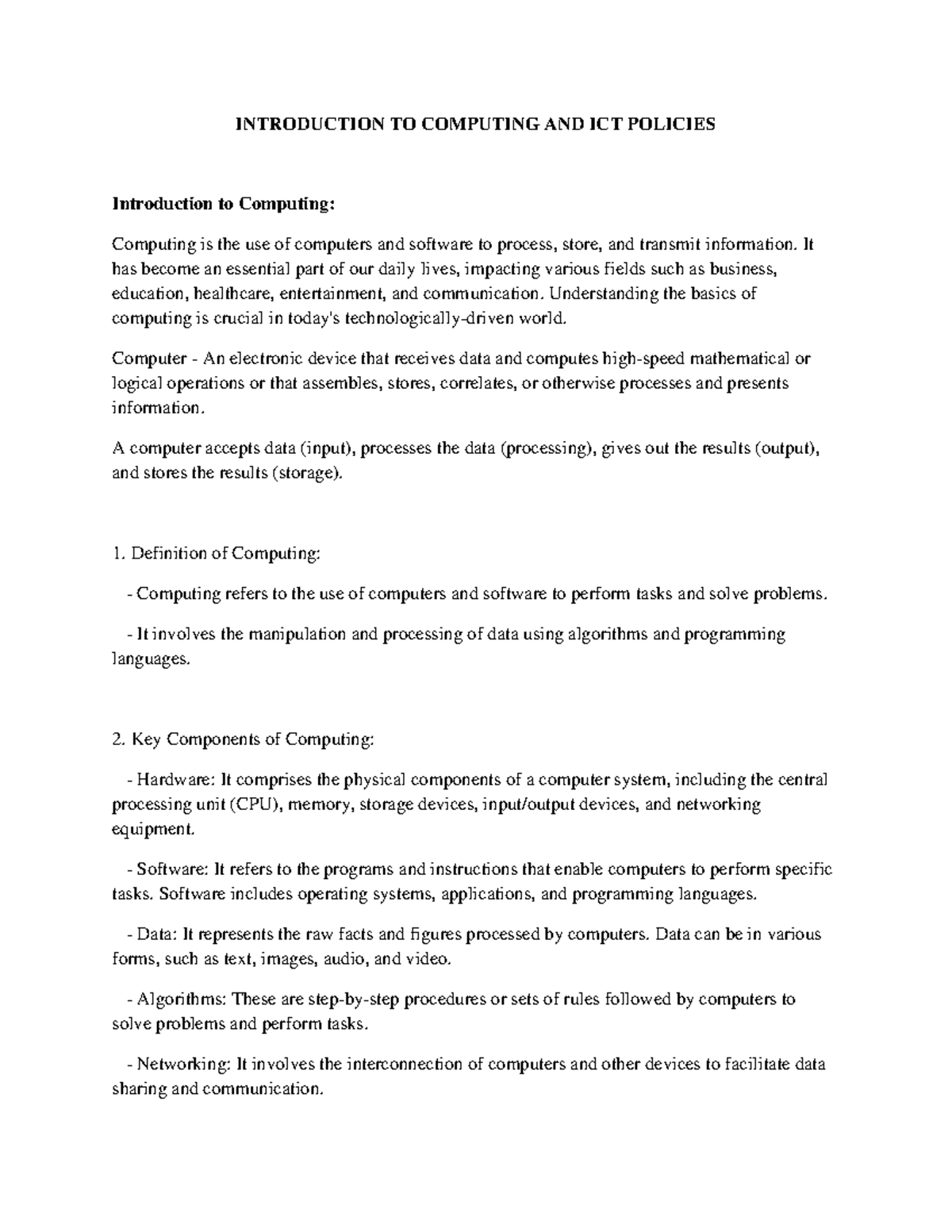 Introduction to Computing and ICT Policies Notes - Studocu