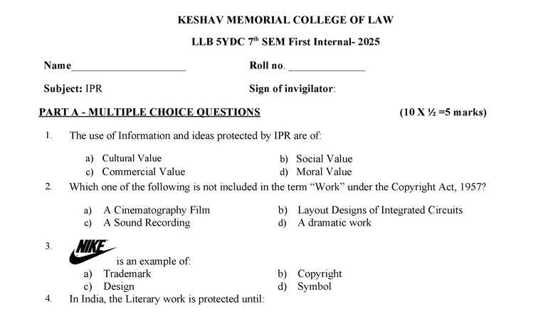 IPR Internal Question Paper - LLB 5YDC 7th Sem 2025 - Studocu