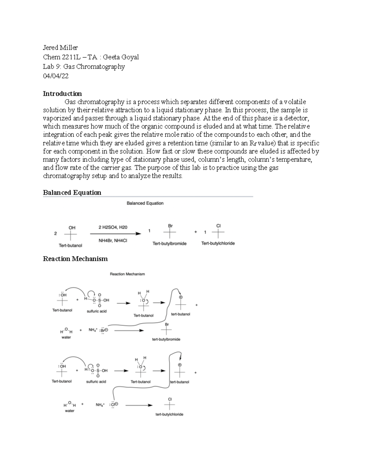 Lab Report #9 - OChem pdf - Jered Miller Chem 2211L 3 TA : Geeta Goyal ...