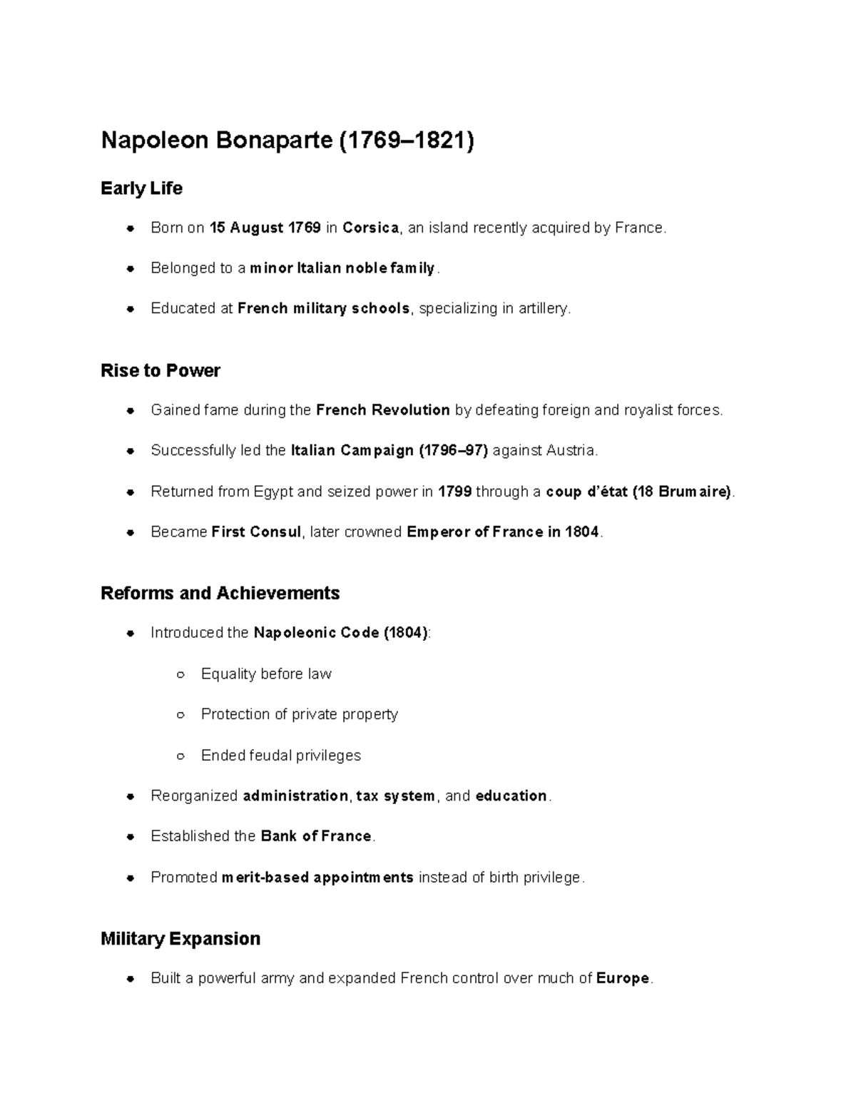 Napoleon Bonaparte: Early Life and Rise to Power (1769-1821) - Studocu