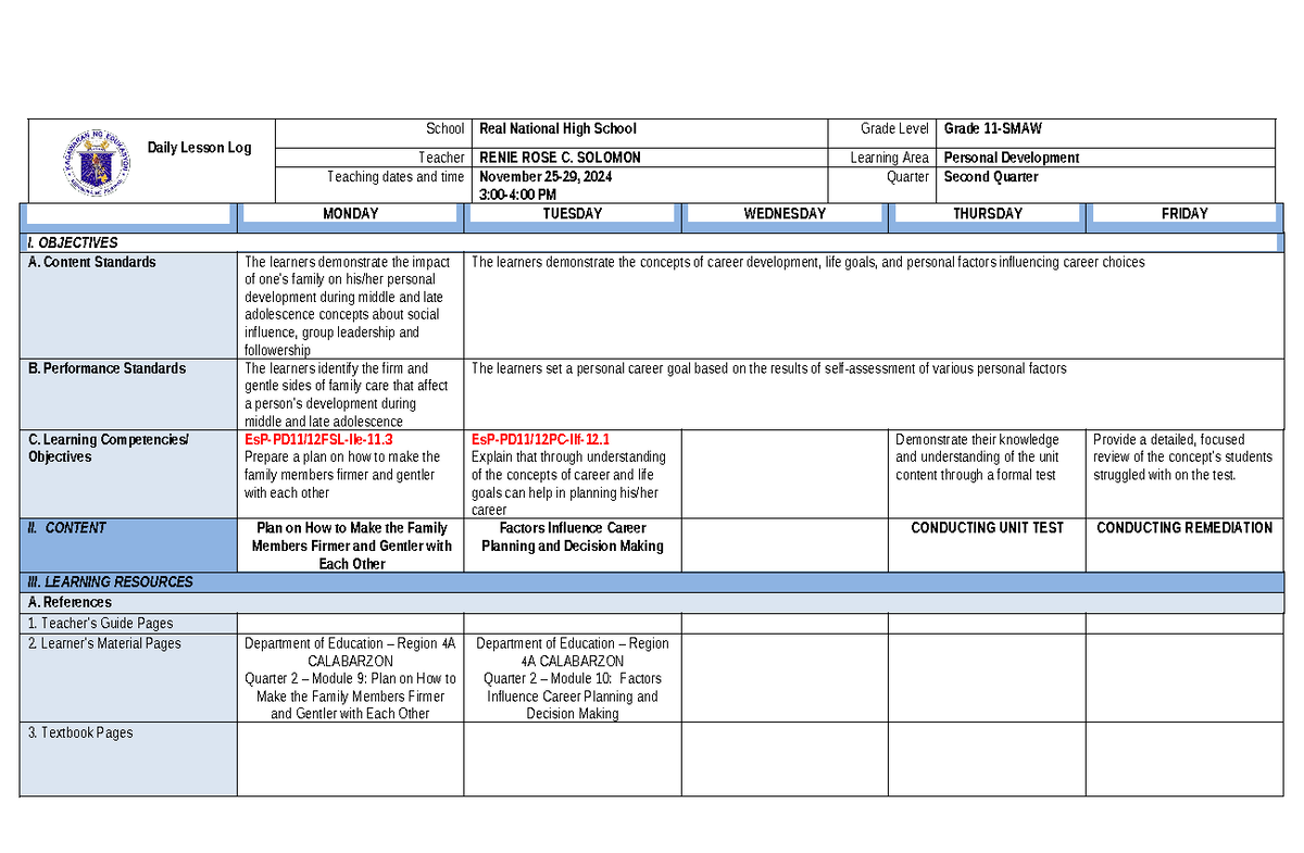 Q2 WEEK 6-PER DEVT - Q2 WEEK 6-PER DEVT - Daily Lesson Log School Real ...