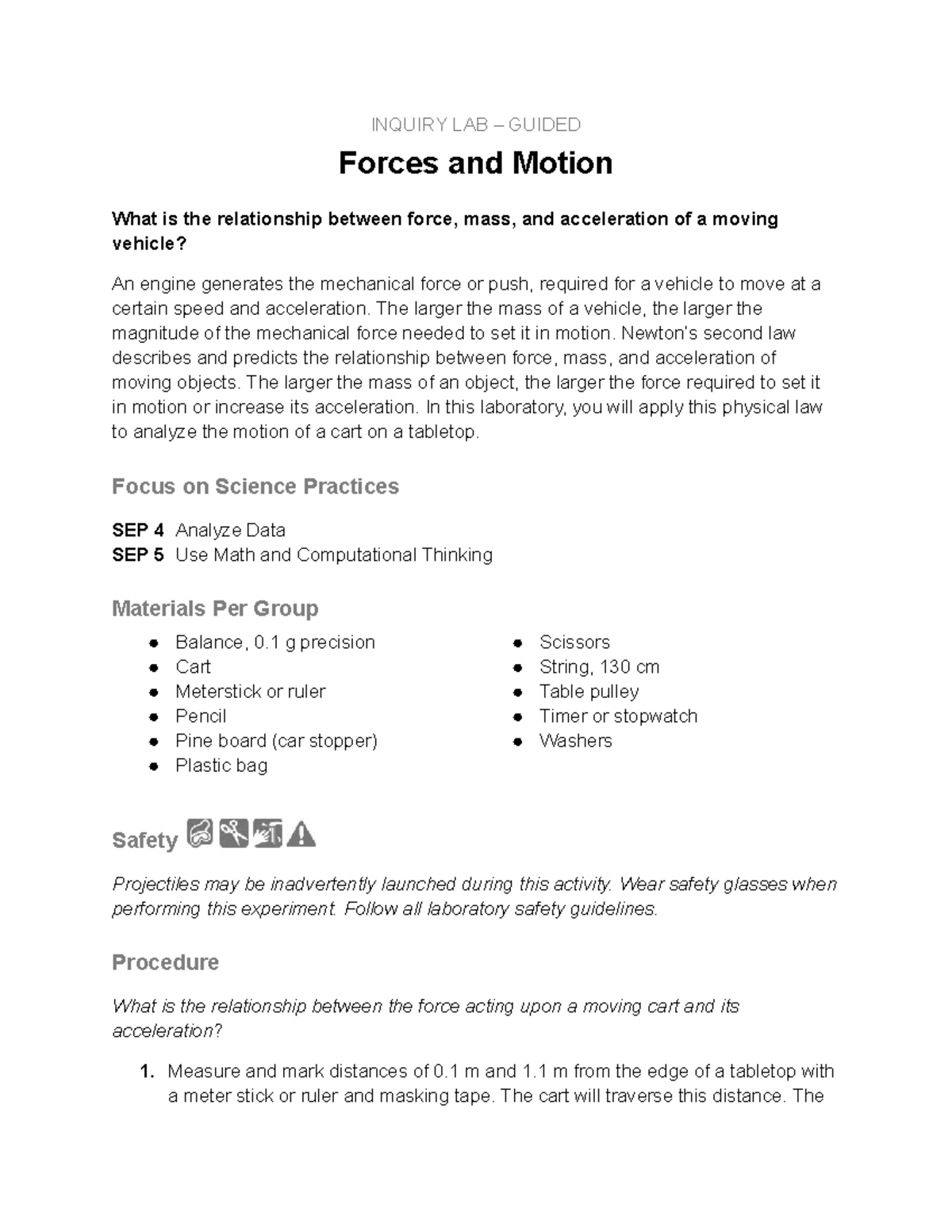 Forces and Motion Worksheet with Answers - Inquiry Lab (Physics) - Studocu