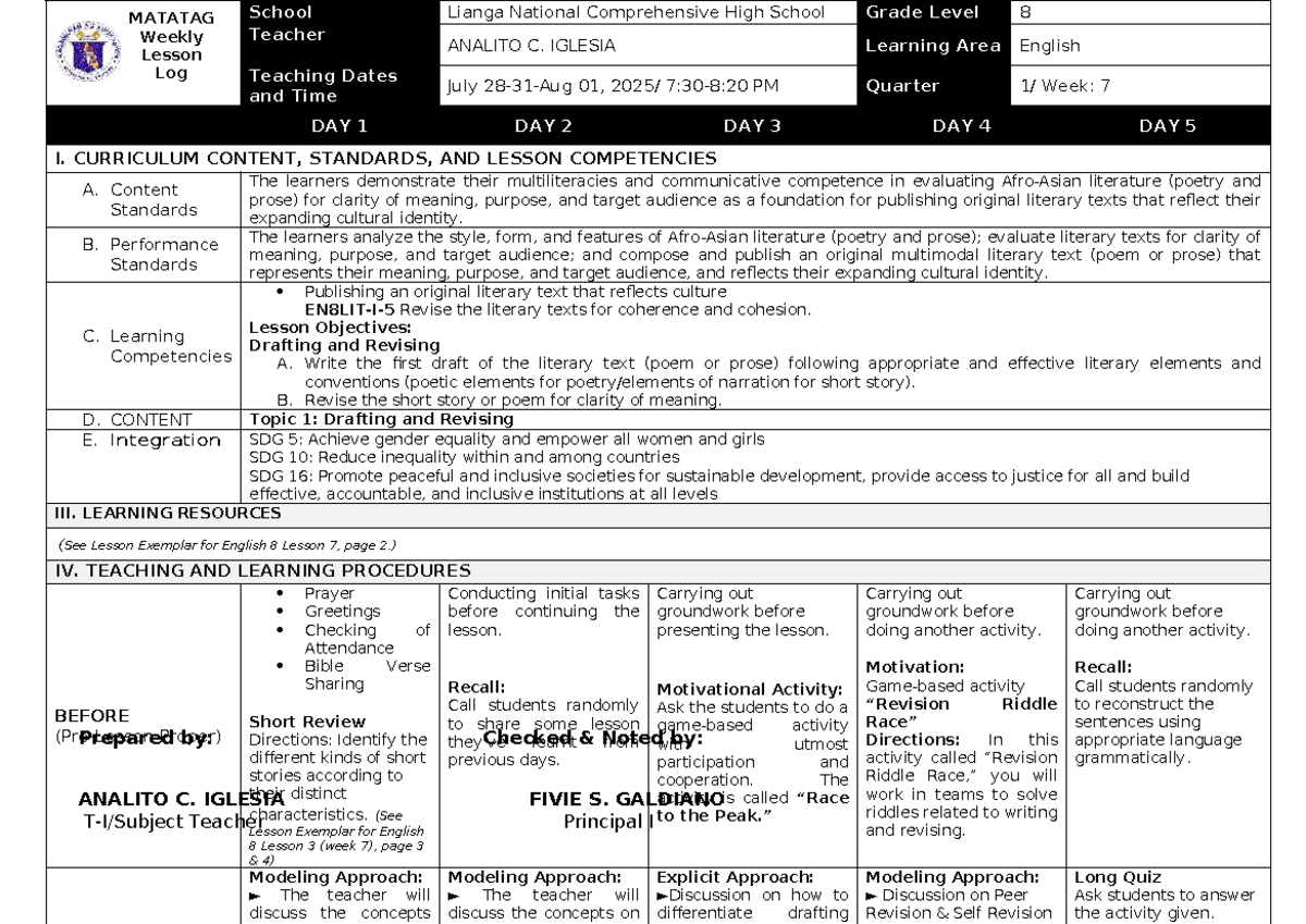 Q1-ENG8 Week 7 Daily Lesson Plan: Drafting & Revising Literary Texts ...
