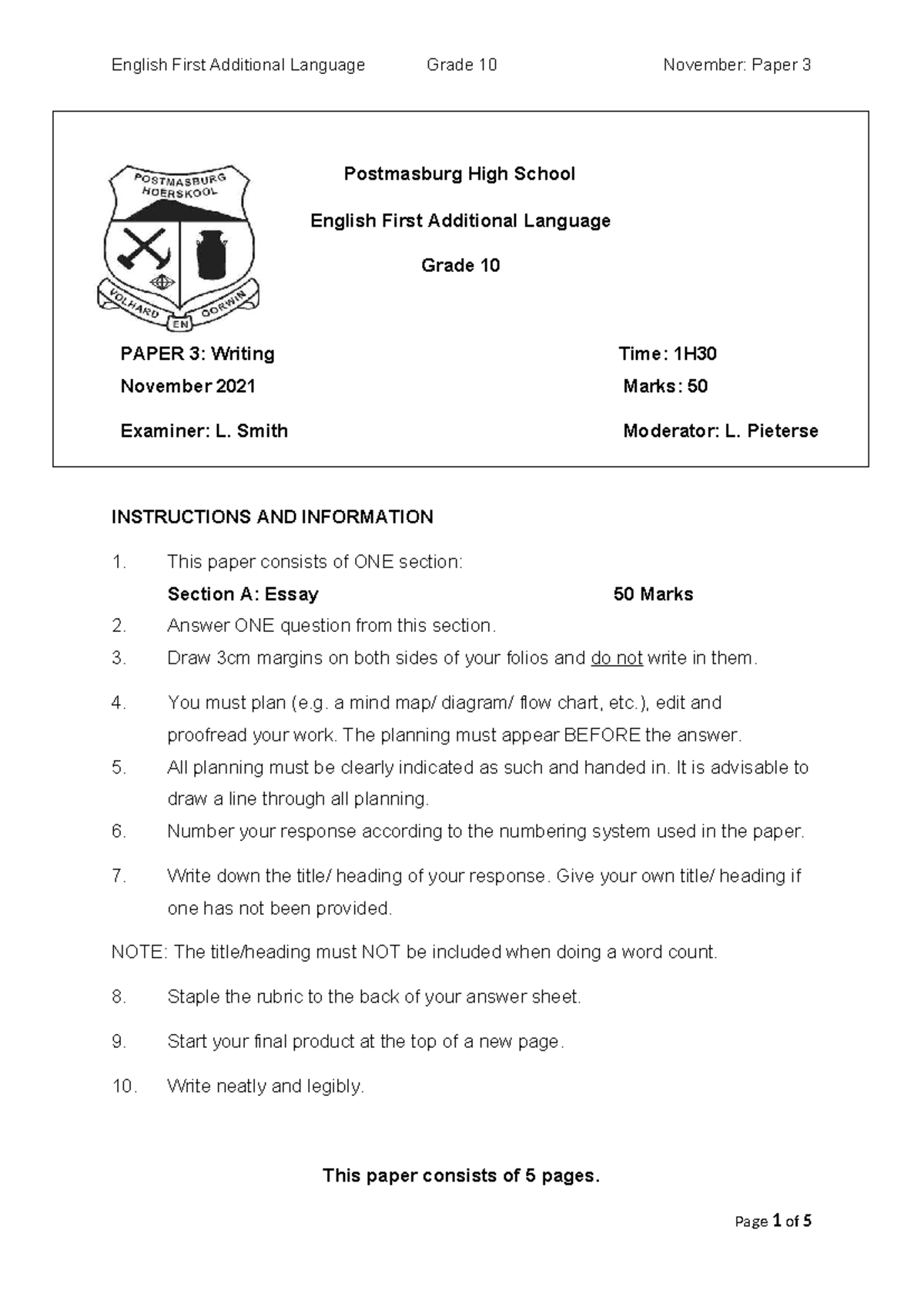 English First Additional Language Grade 10: November Paper 3 Essay ...