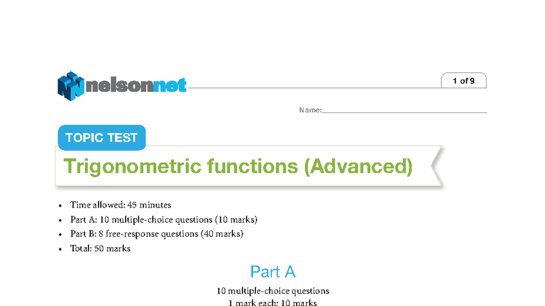 Year 12 Trigonometric Functions Chapter Test (Advanced) - Studocu