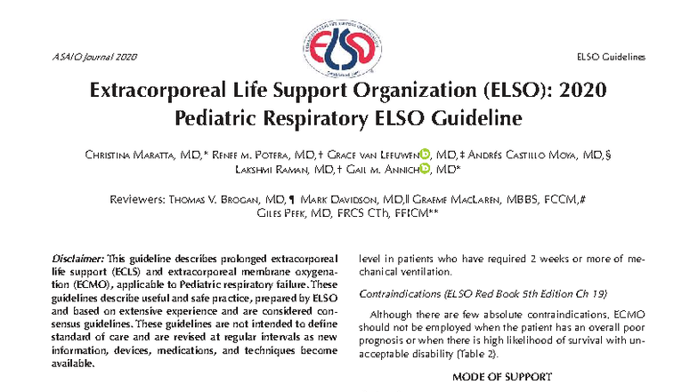 2020 Pediatric Respiratory ELSO Guidelines for ECMO Management - Studocu