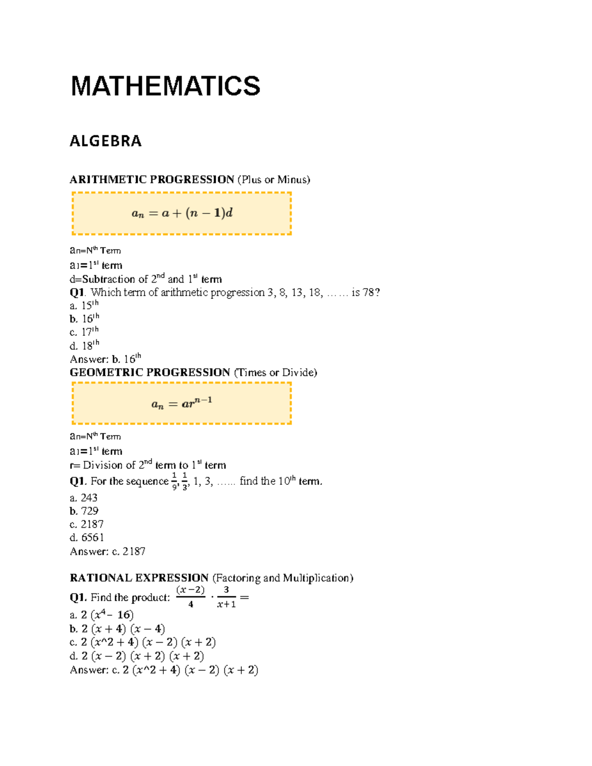 Mathematics - MATHEMATICS ALGEBRA ARITHMETIC PROGRESSION (Plus or Minus ...