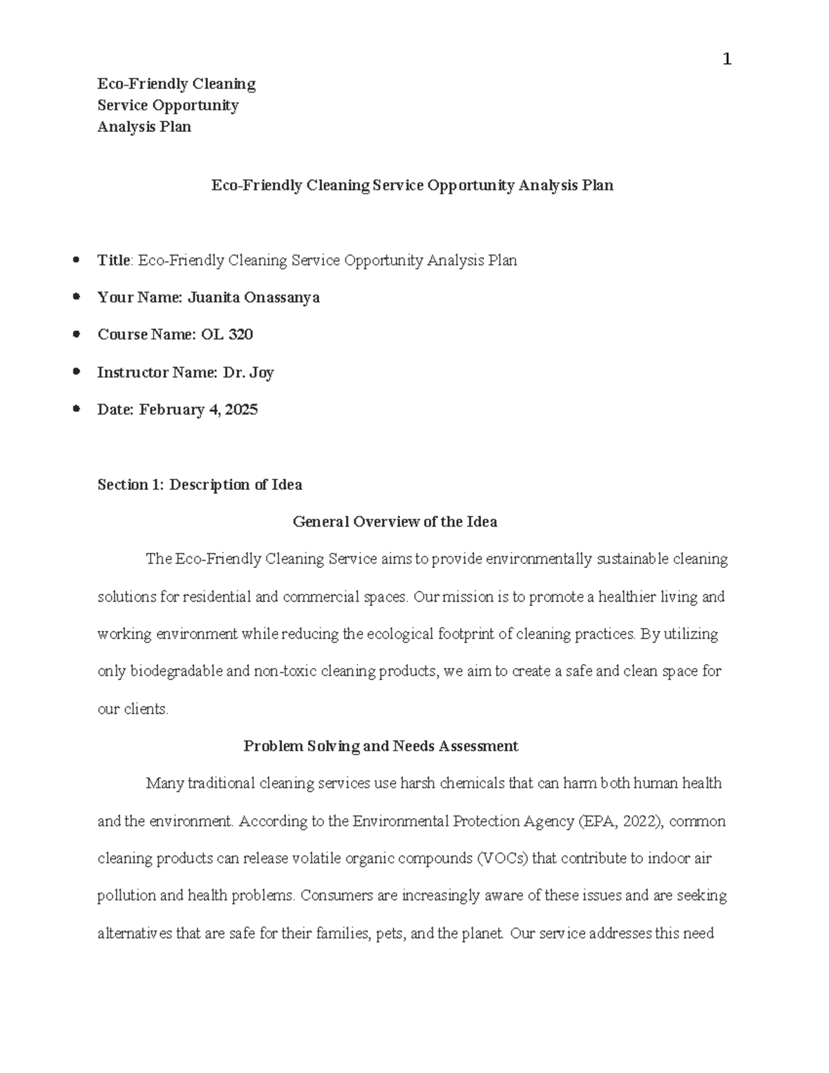 OL 320: Eco-Friendly Cleaning Service Opportunity Analysis Plan - Studocu