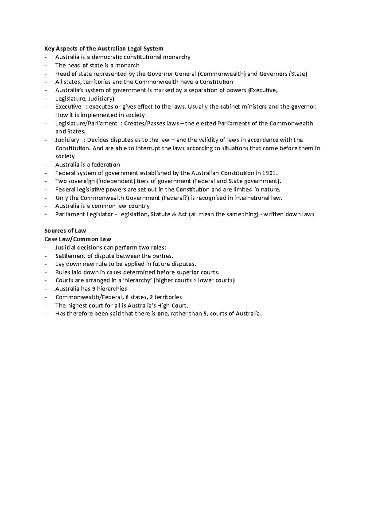 Key Aspects of the Australian Legal System - Overview Notes - Studocu