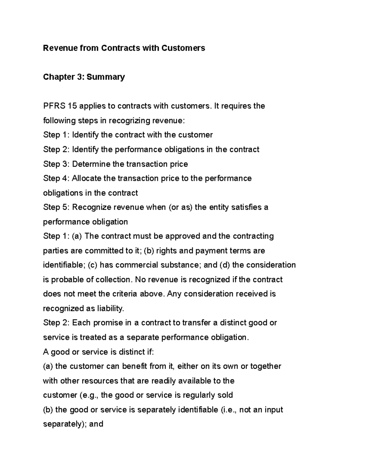 PFRS 15 Revenue Recognition: Chapter 3 Summary - Studocu