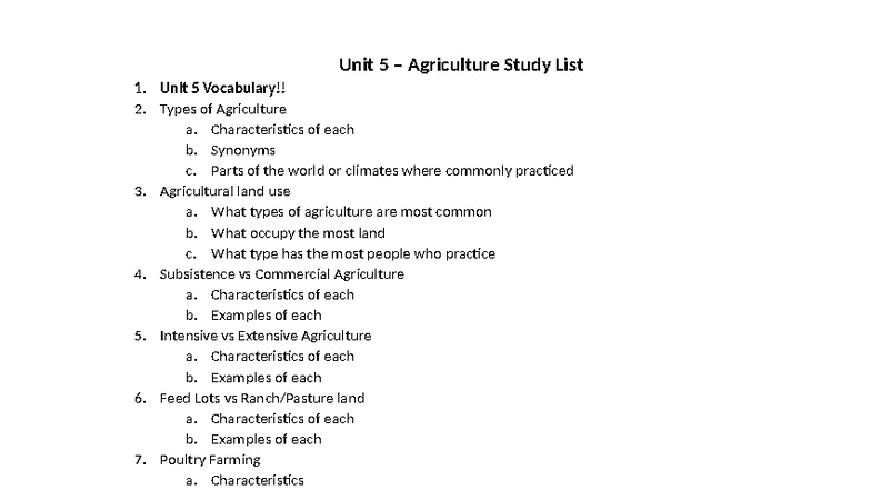 Unit 5 Agriculture Study Guide: Key Concepts & Vocabulary - Studocu