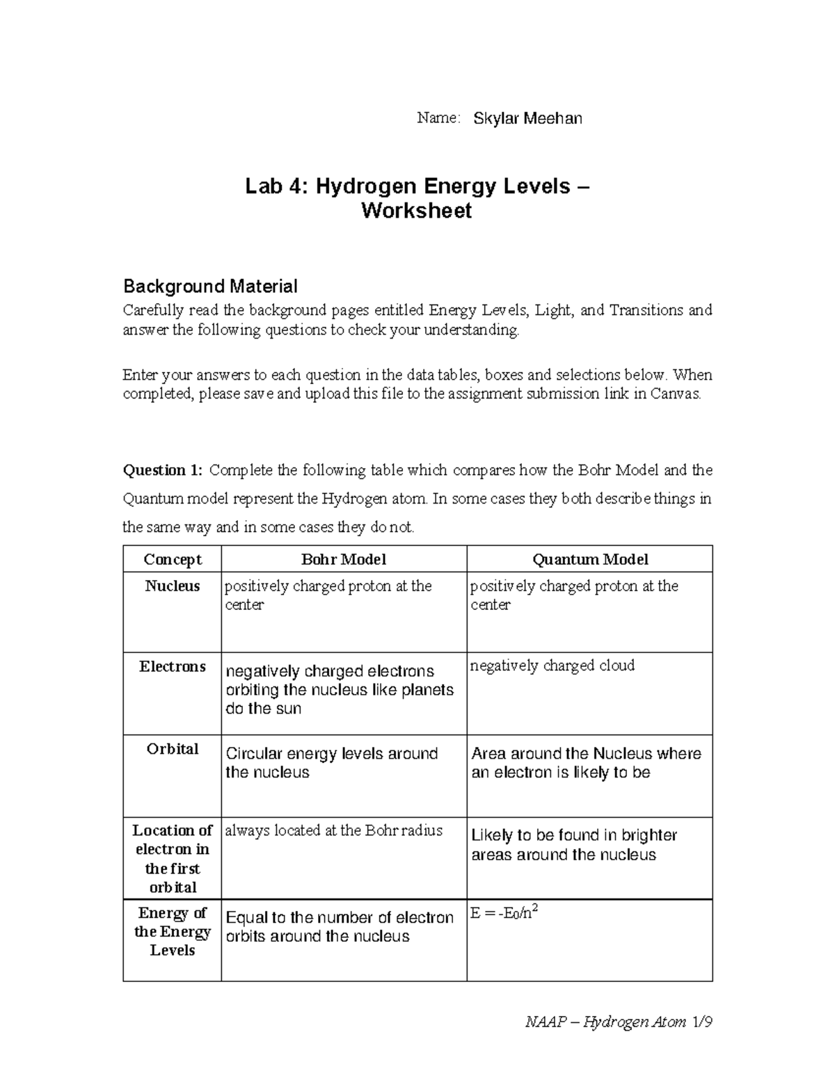 Lab 4: H Energy Levels Worksheet - Assignment Report - Studocu