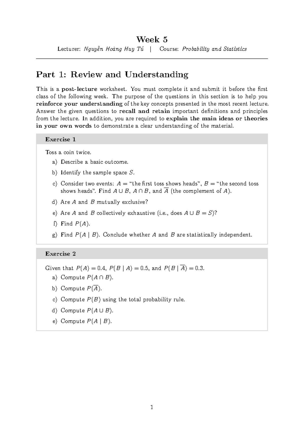 Week 5 Lecture: Probability & Statistics Part 1 Review Worksheet - Studeersnel