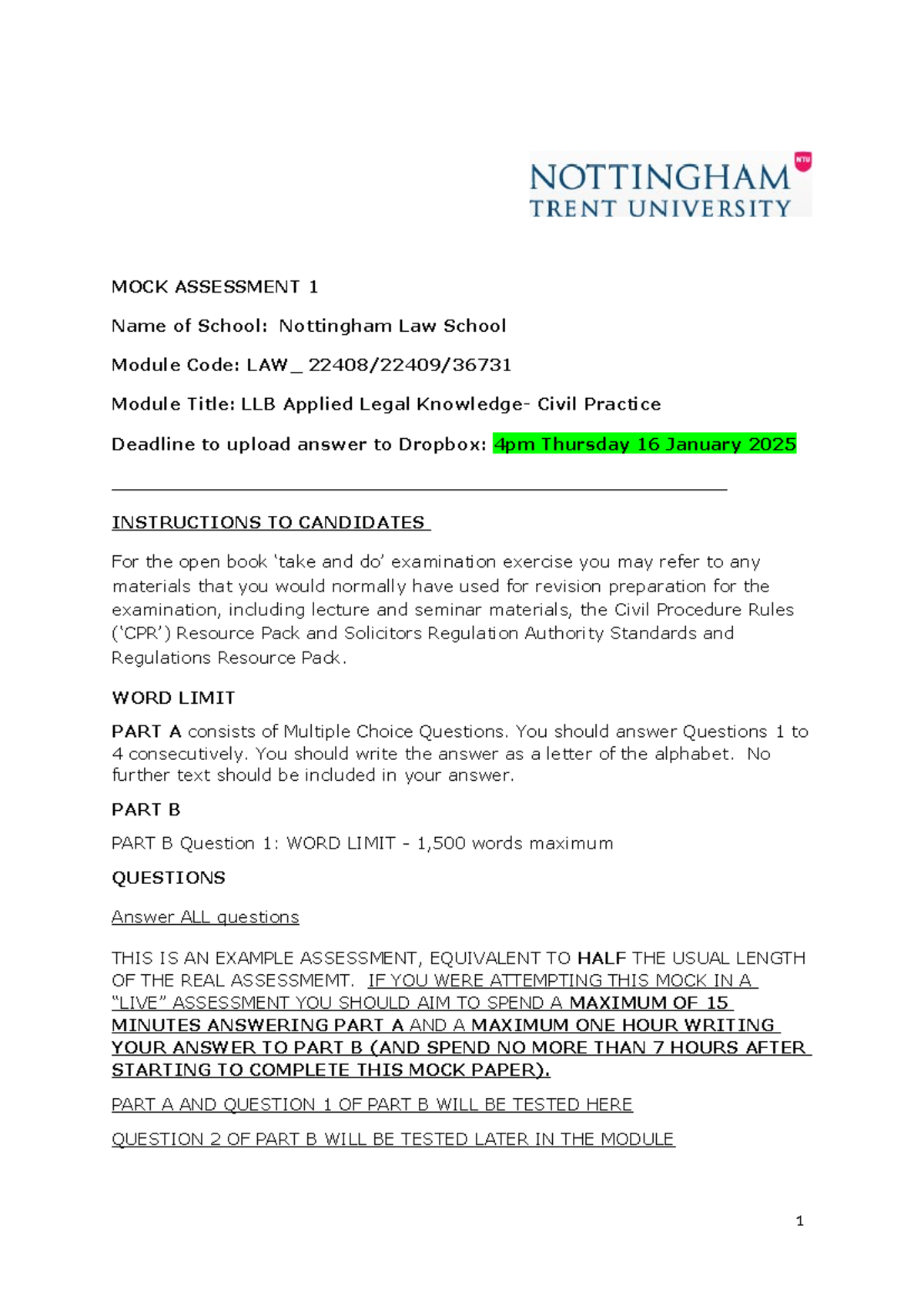 Mock Exam Paper for LAW_22408/22409: Assessment 1 Analysis - Studocu