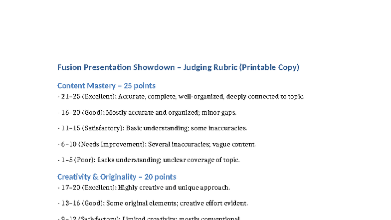 Fusion Presentation Judging Rubric (Printable Copy) - Studocu
