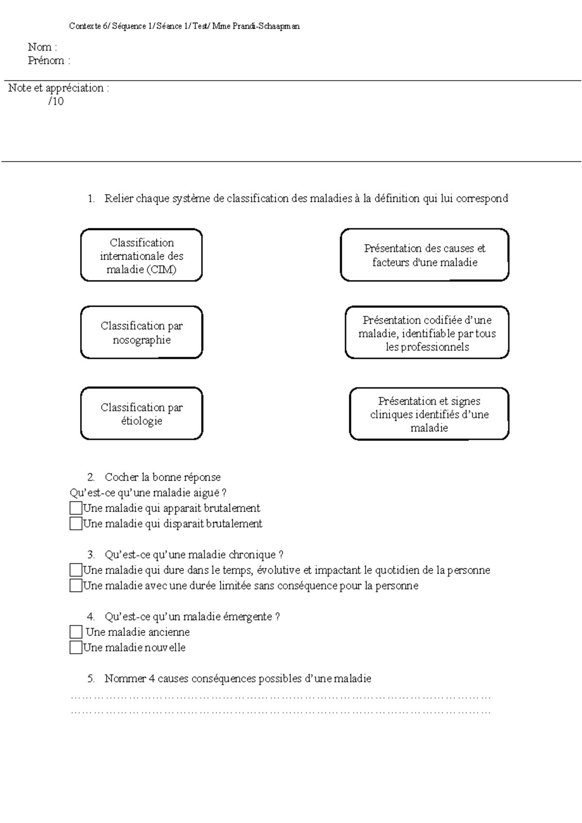 Test QCM sur la Classification des Maladies - Séance Mme Nom - Studocu