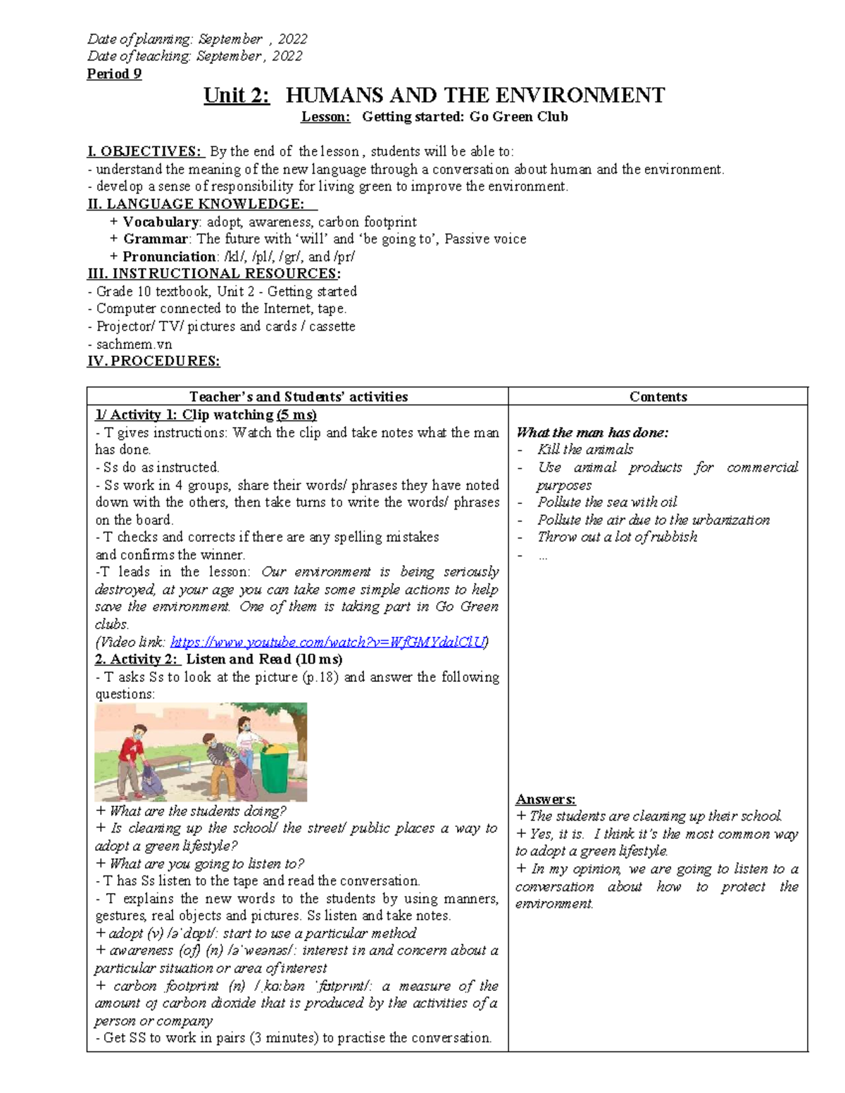 Unit 2: HUMANS AND THE ENVIRONMENT - Lesson Plans and Activities for ...