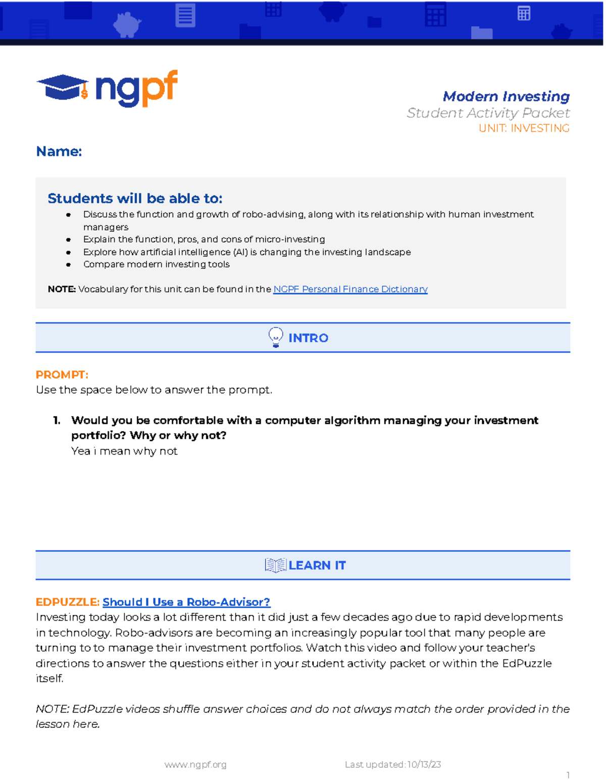 Modern Investing (FIN 101) Student Activity Packet - Robo-Advisors & AI ...