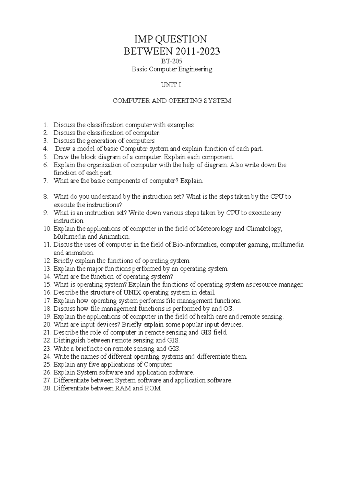 IMP Questions for BT-205: Basic Computer Engineering Unit I to V - Studocu