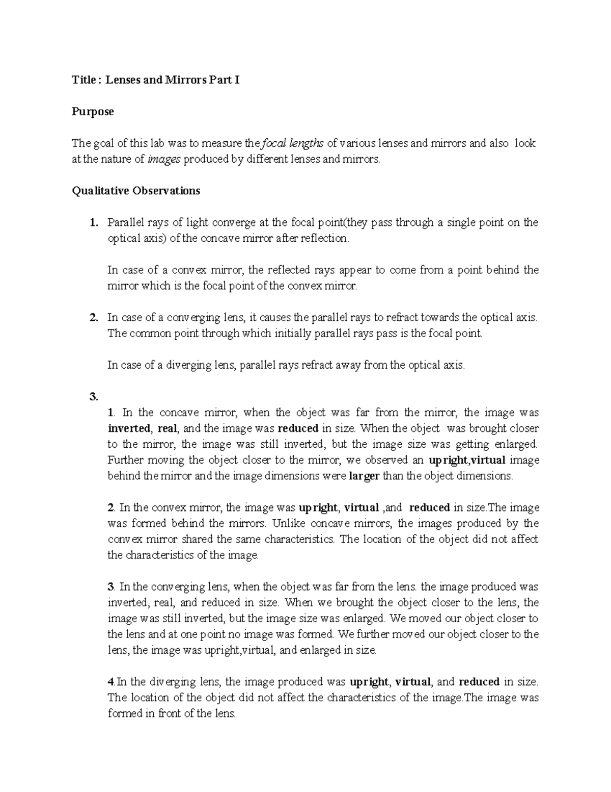 Lenses and Mirrors Lab Report (Part I): Focal Lengths & Image Analysis ...
