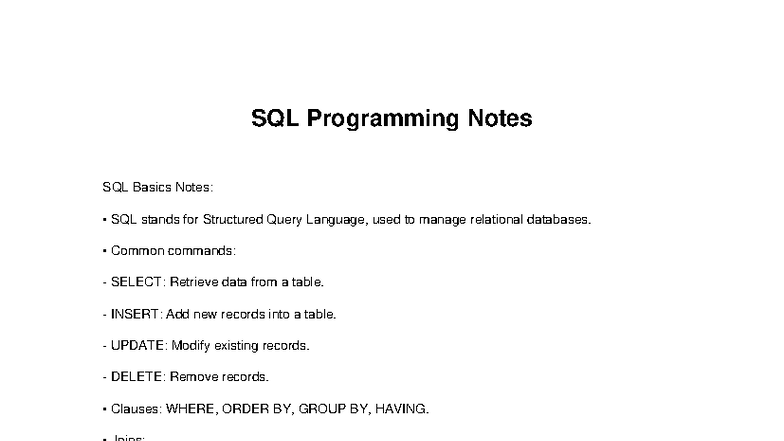 SQL 101: Essential Programming Notes on SQL Basics - Studocu