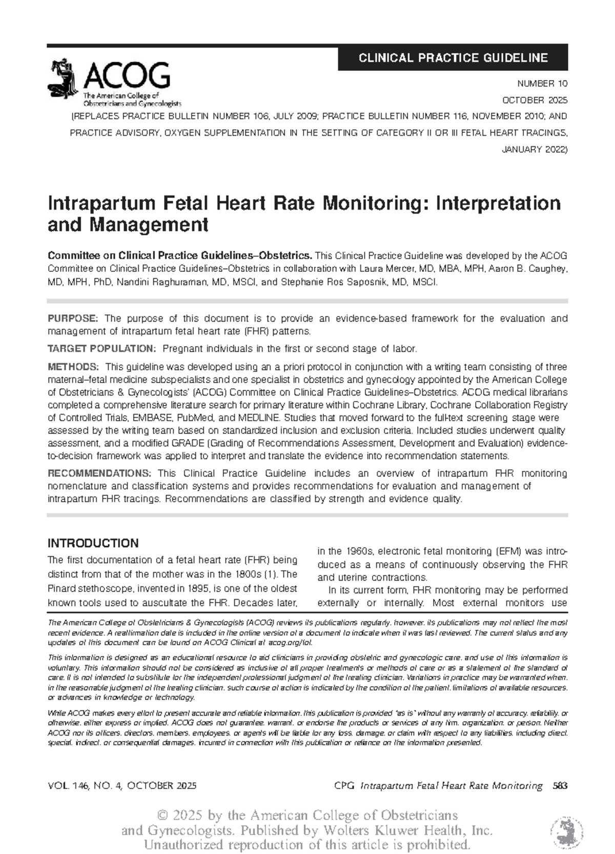 ACOG CPG No. 10: Intrapartum Fetal Heart Rate Monitoring Guidelines ...