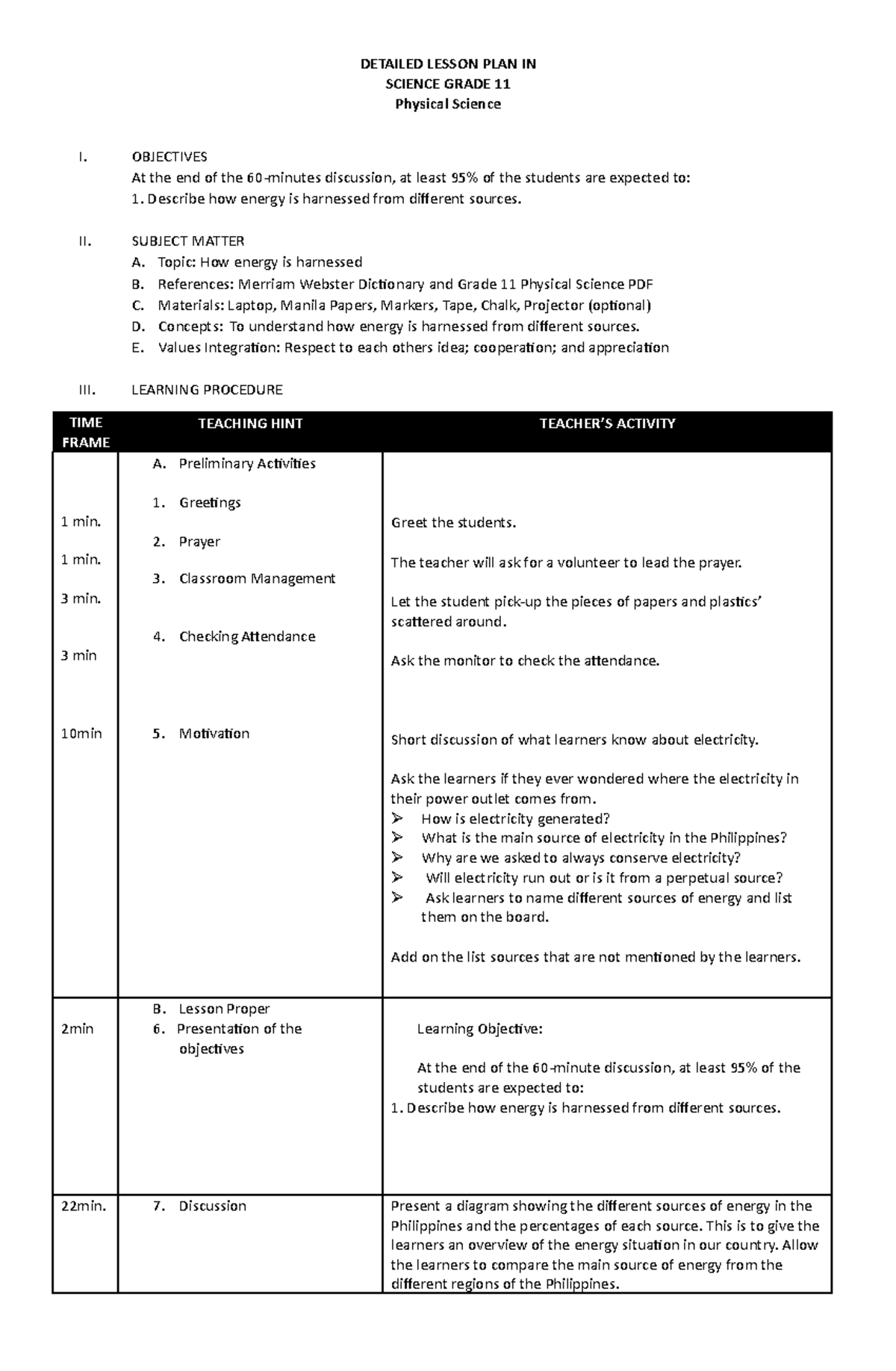 Dlp in physical science grade 11 - DETAILED LESSON PLAN IN SCIENCE GRADE 11 Physical Science I ...