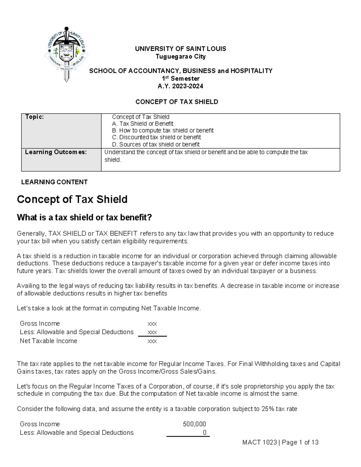 Lesson 5.1.2 - Tax Shield Concepts and Computation Strategies - Studocu