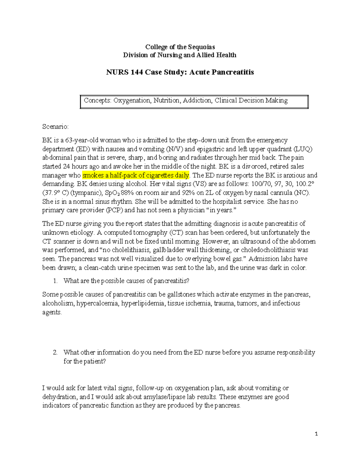Case Study-Acute Pancreatitis(1) - College of the Sequoias Division of Nursing and Allied Health ...