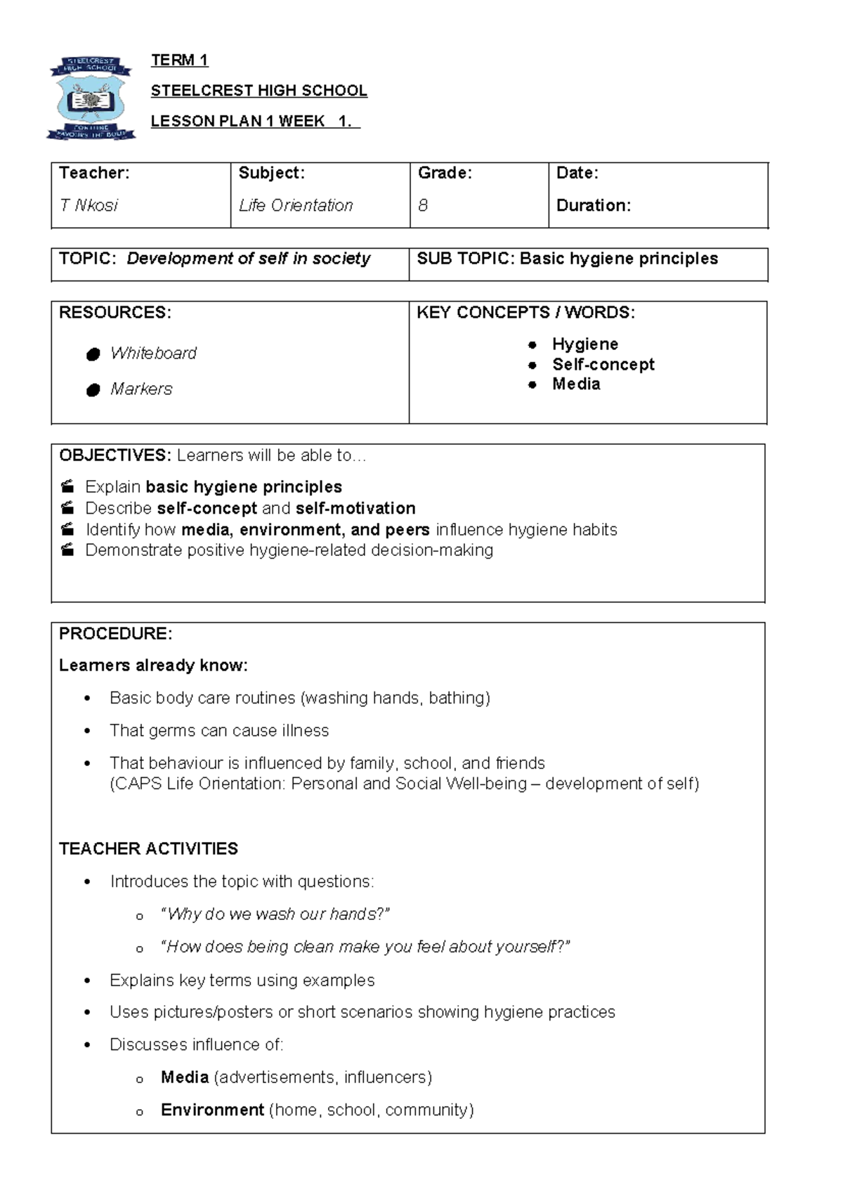 TERM 1 STEELCREST HIGH SCHOOL LIFE ORIENTATION LESSON PLANS - Studocu