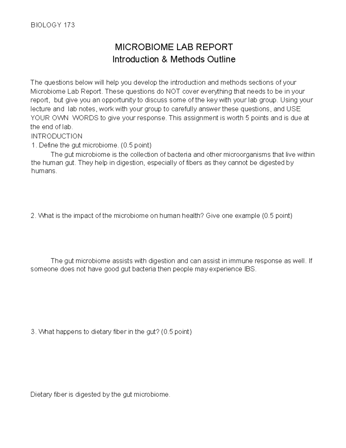 BIO 173 Microbiome Lab Report: Intro & Methods Outline W25 - Studocu