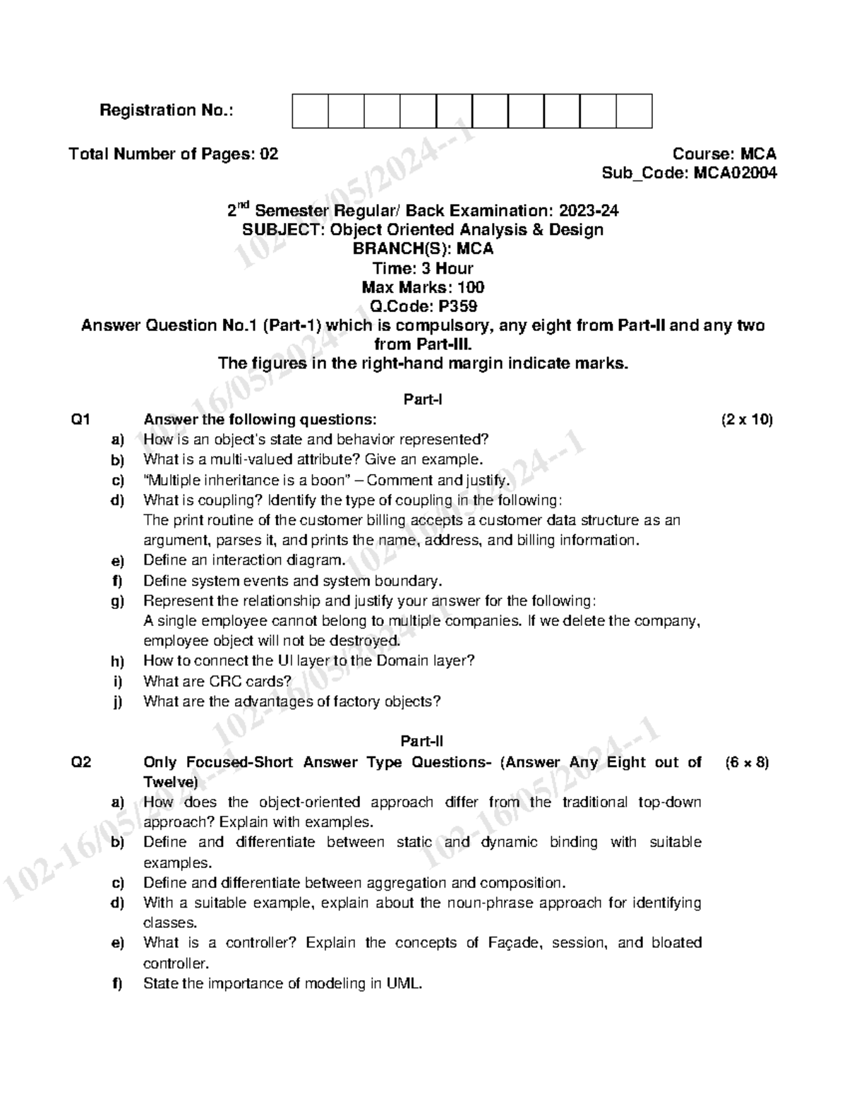 MCA02004 2nd Sem OOAD Back Exam Question Paper 2023-2024 - Studocu