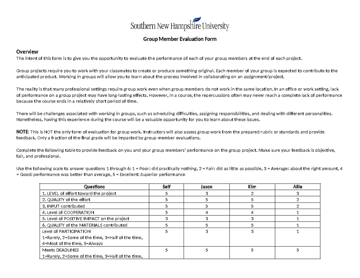 Group Member Evaluation Form - Project Feedback & Performance ...