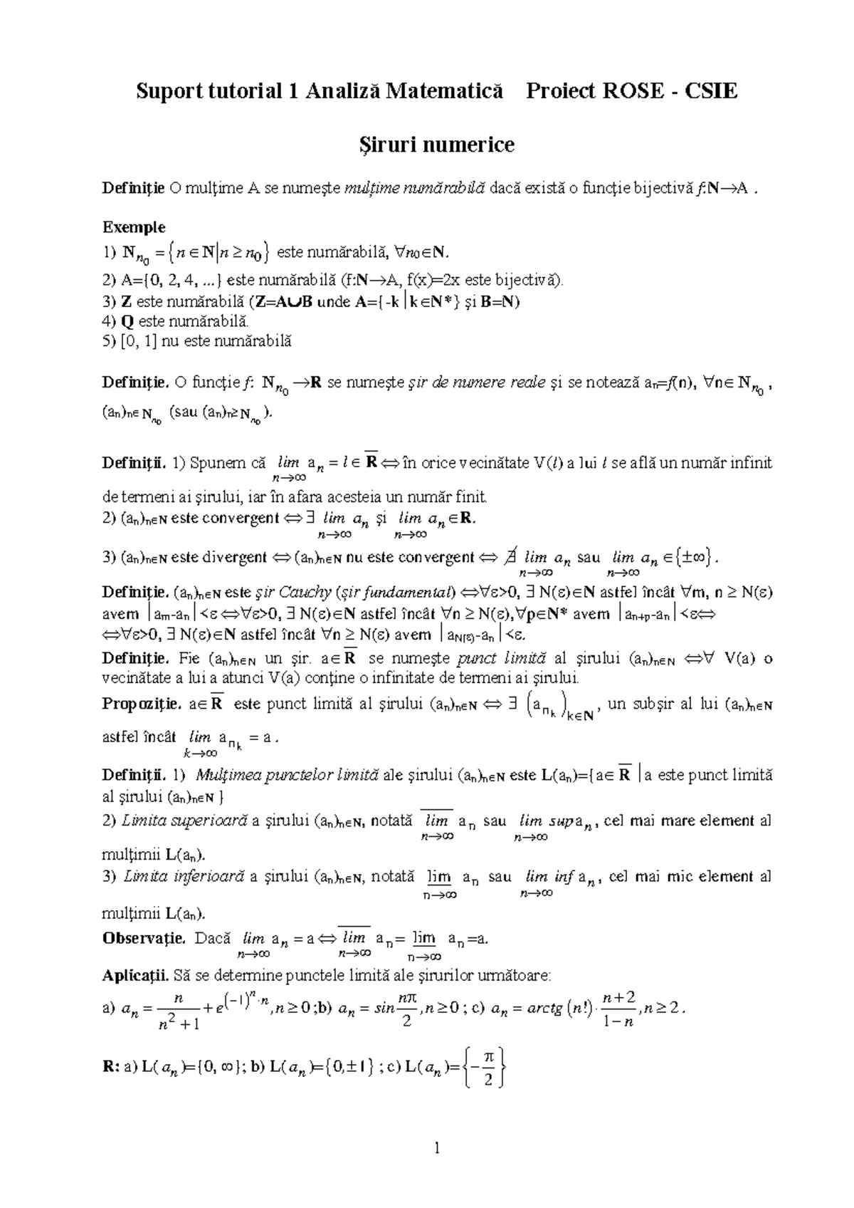 Tutorial 1 Analiza Matematica - Serii Numerice și Şiruri Cauchy ...