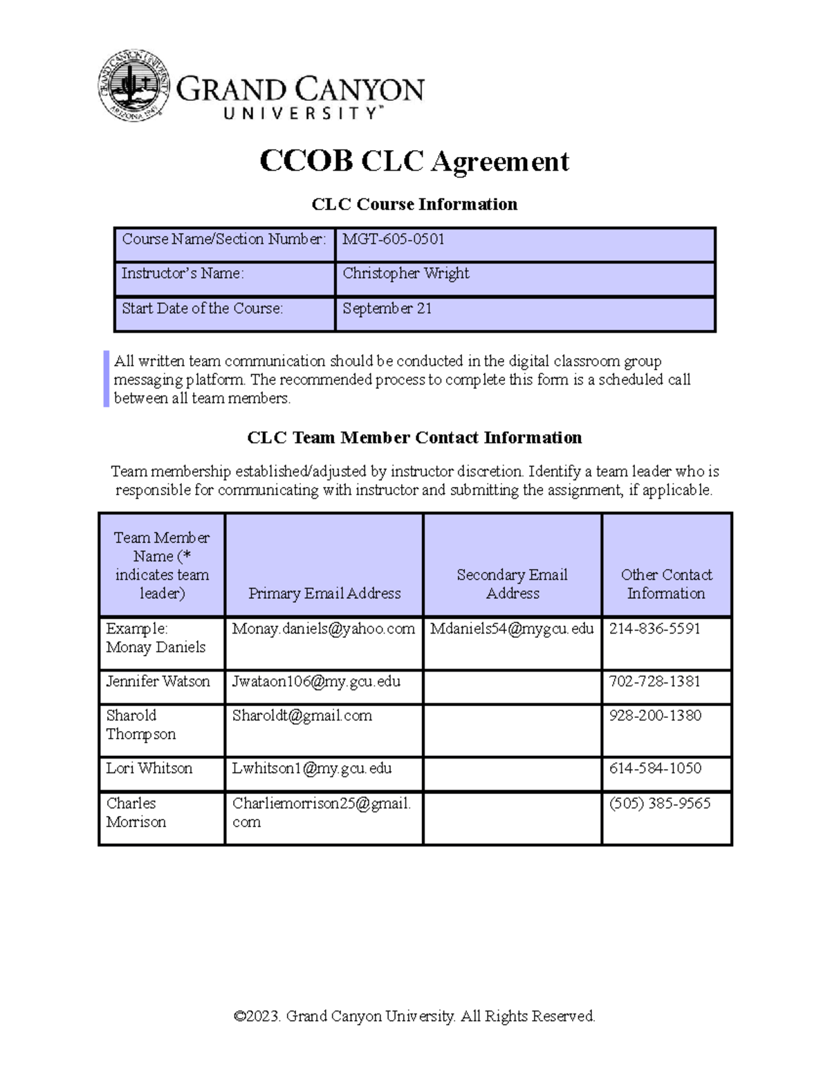 CCOB-CLC-MGT605-Team Agreement Form and Procedures Overview - Studocu