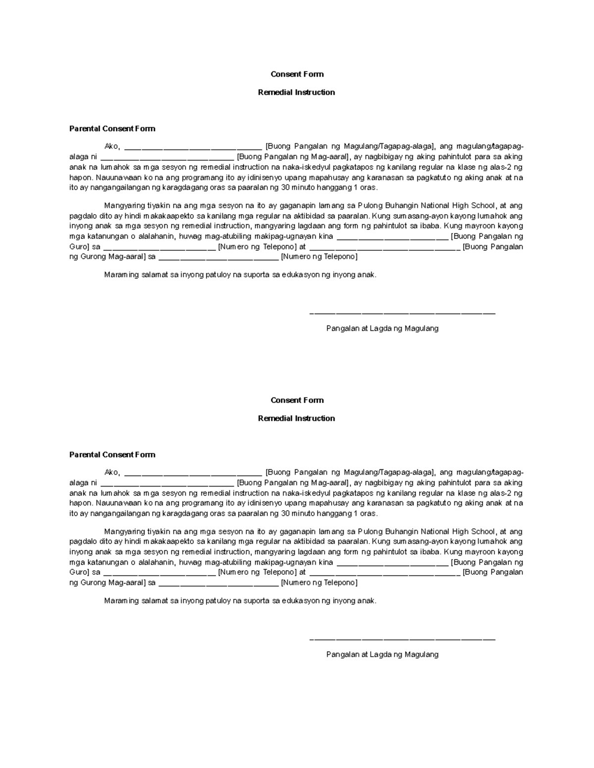 Pahintulot na Form para sa Remedial Instruction (Tagalog) - Studocu
