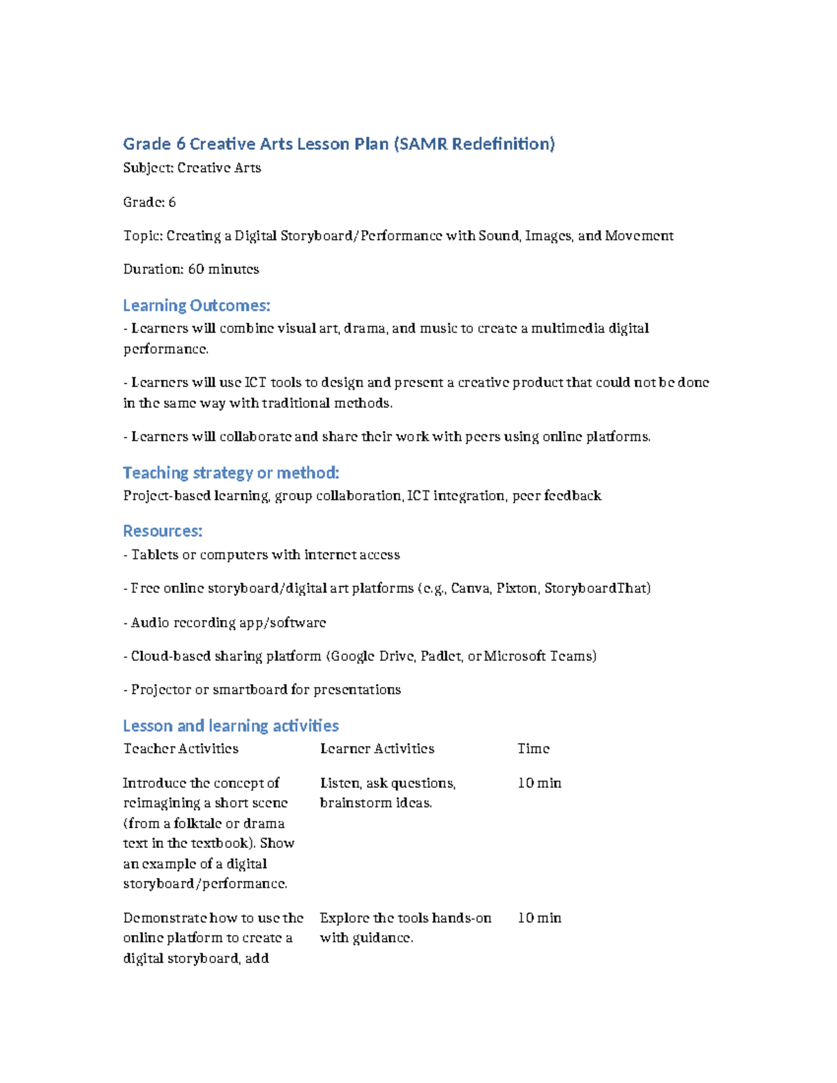 Grade 6 Creative Arts Lesson Plan: Digital Multimedia Creation - Studocu