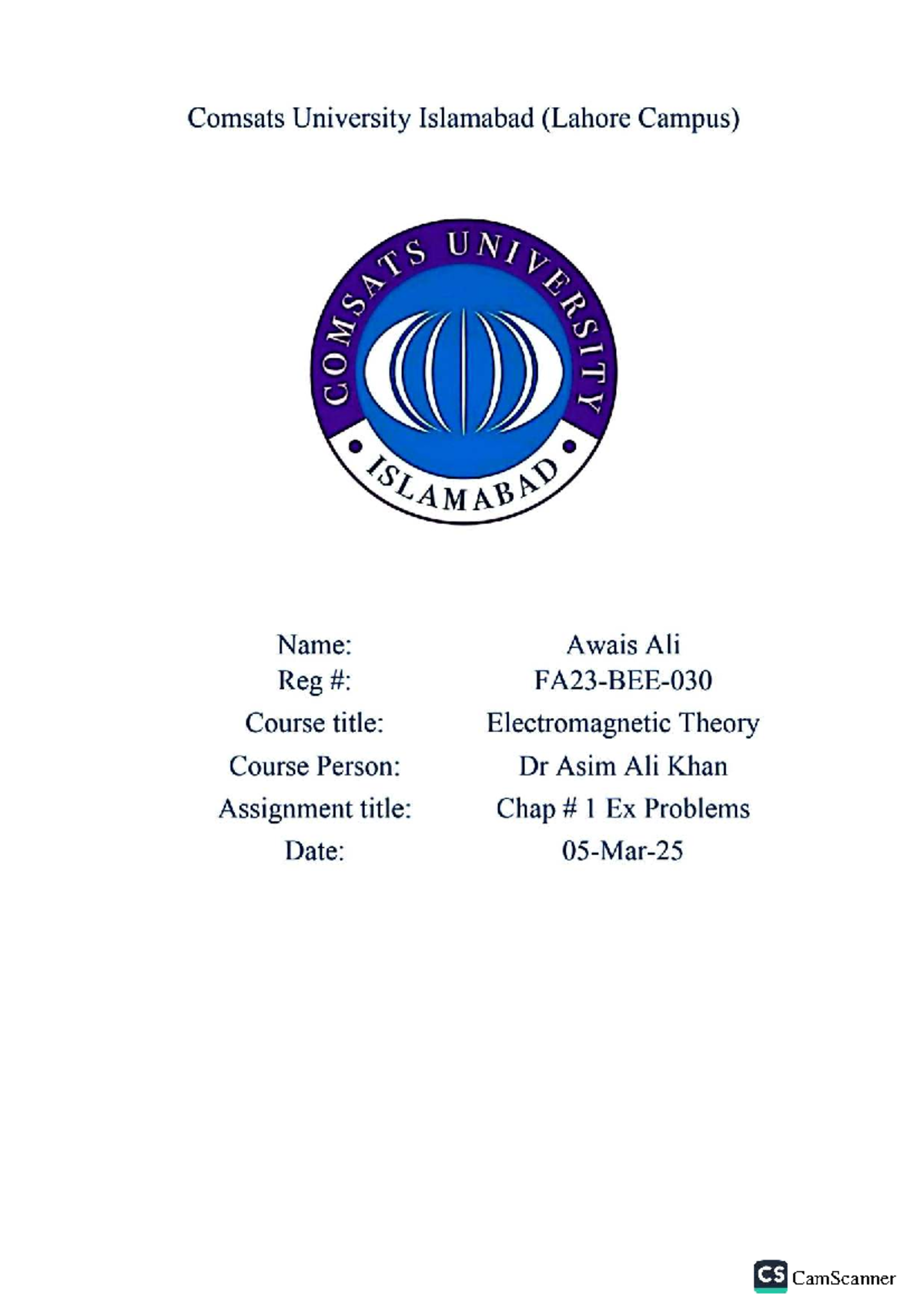 EMT Assignment 1 - Comsats University Islamabad (Lahore Campus ...