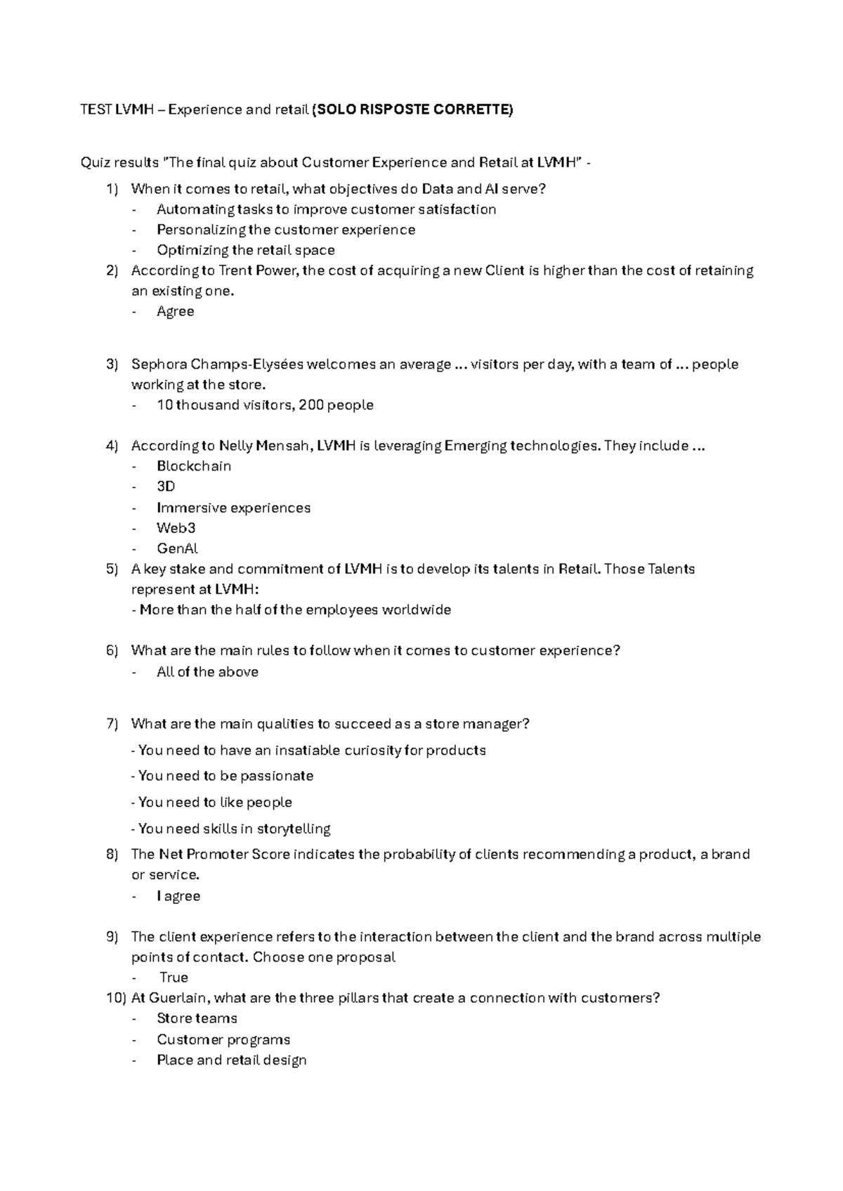 Quiz on Customer Experience & Retail at LVMH (TEST LVMH) - Studocu