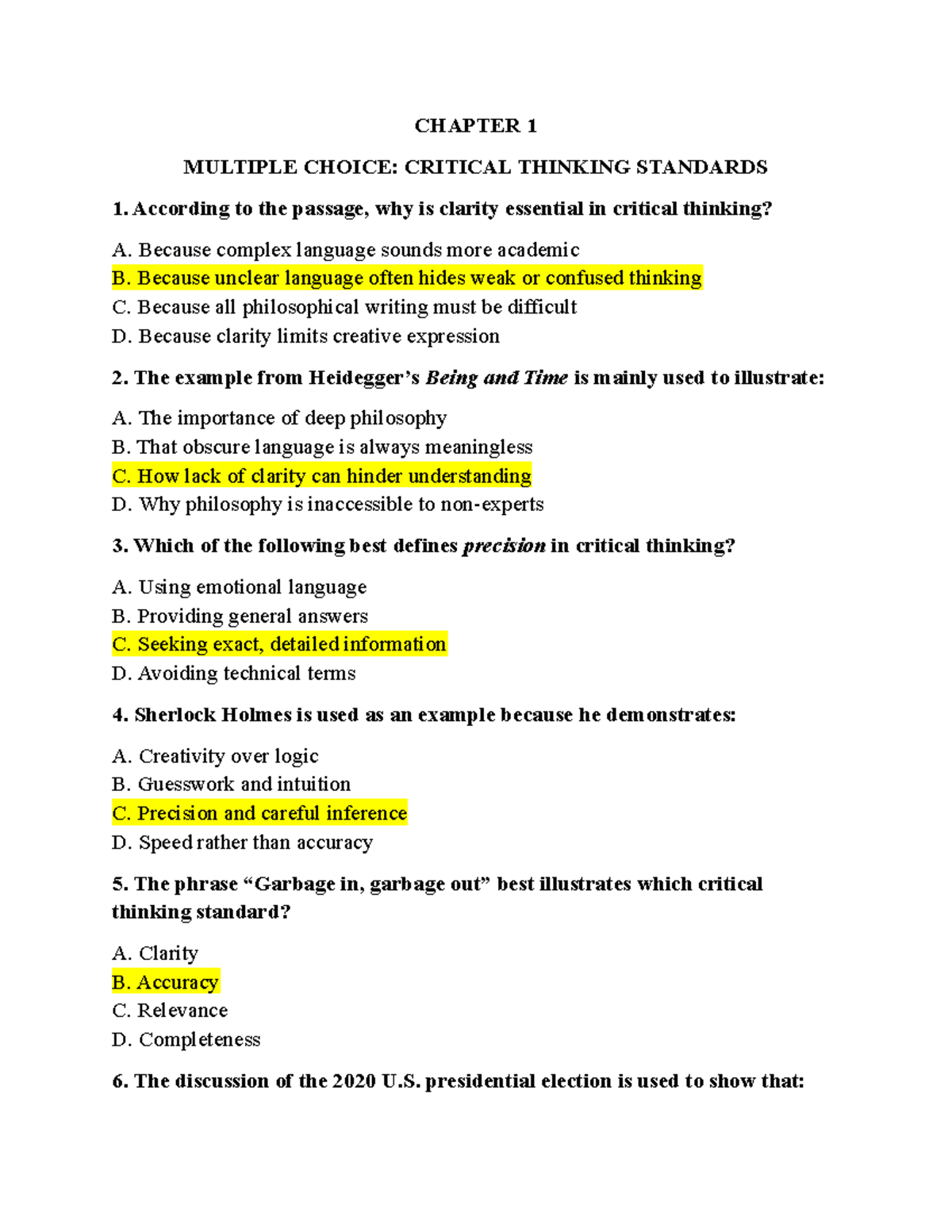 CHAPTER 1 MCQs: Critical Thinking Standards - UNIT 1 Exercise - Studocu